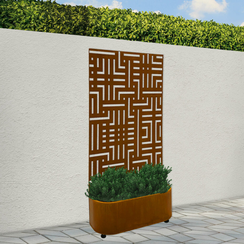 'Labyrinth' Garden Screen with Rounded Front Planter | Corten Steel | 2 ...